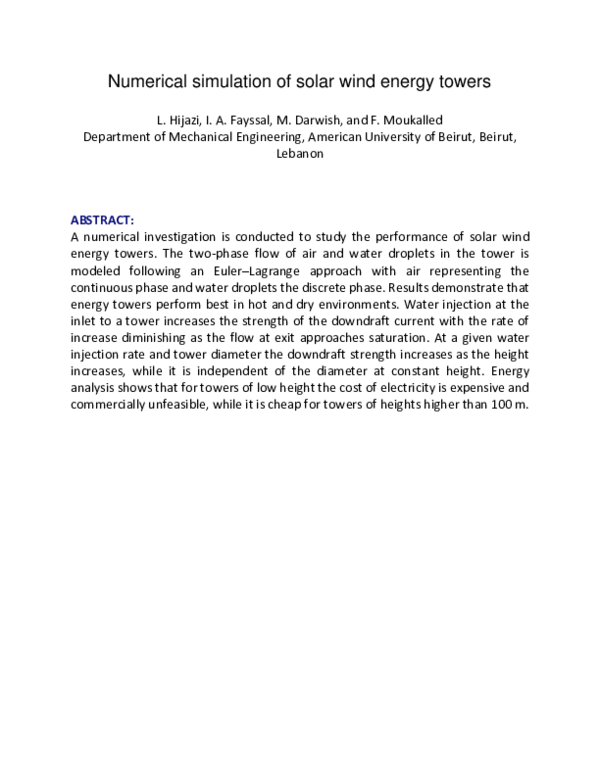 (PDF) Numerical simulation of solar wind energy towers | Marwan Darwish - Academia.edu