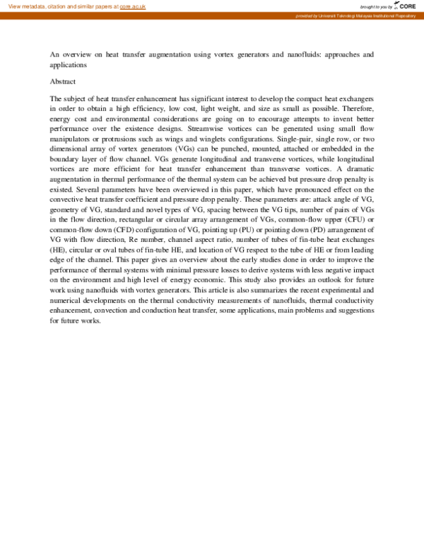 (PDF) An overview on heat transfer augmentation using vortex generators ...