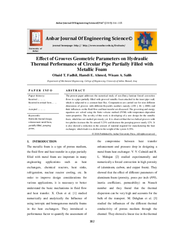 (PDF) Effect of Grooves Geometric Parameters on Hydraulic Thermal Performance of Circular Pipe ...