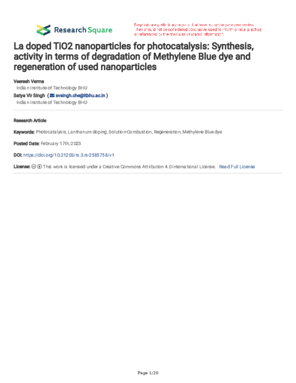 (PDF) La doped TiO2 nanoparticles for photocatalysis: Synthesis ...