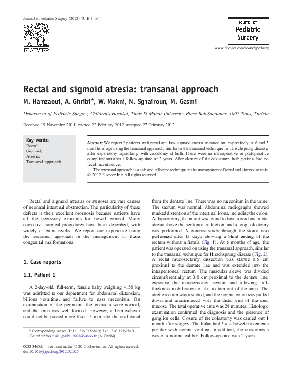 (PDF) Rectal and sigmoid atresia: transanal approach