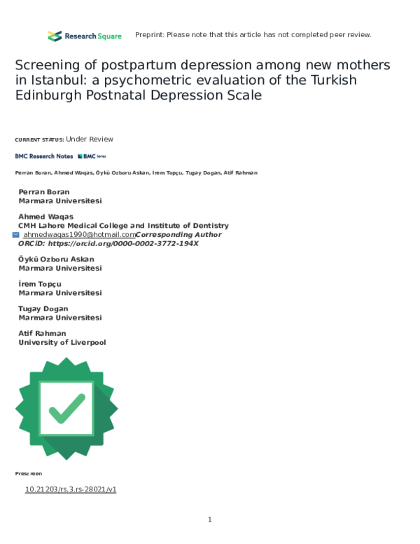 (PDF) Screening of postpartum depression among new mothers in Istanbul ...