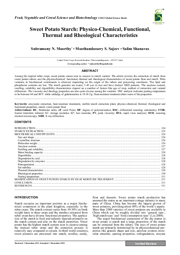 (PDF) Sweet Potato Starch: Physico-Chemical, Functional, Thermal and Rheological Characteristics