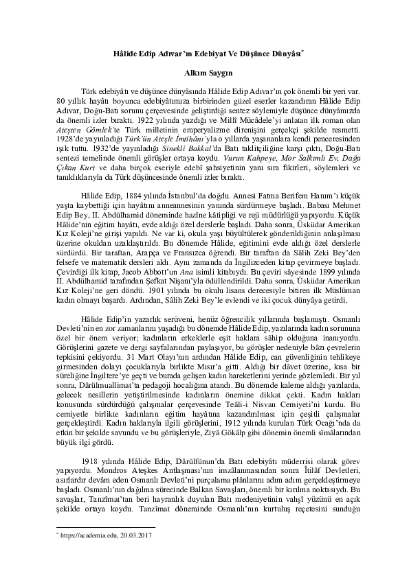 (PDF) Hâlide Edip Adıvar'ın Edebiyat Ve Düşünce Dünyâsı