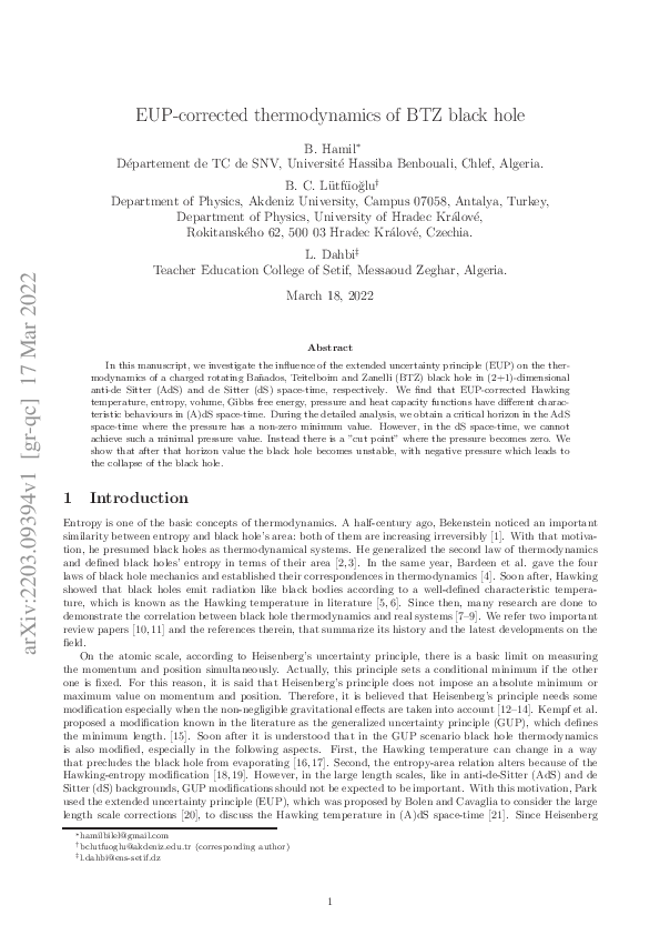 (PDF) EUP-corrected thermodynamics of BTZ black hole