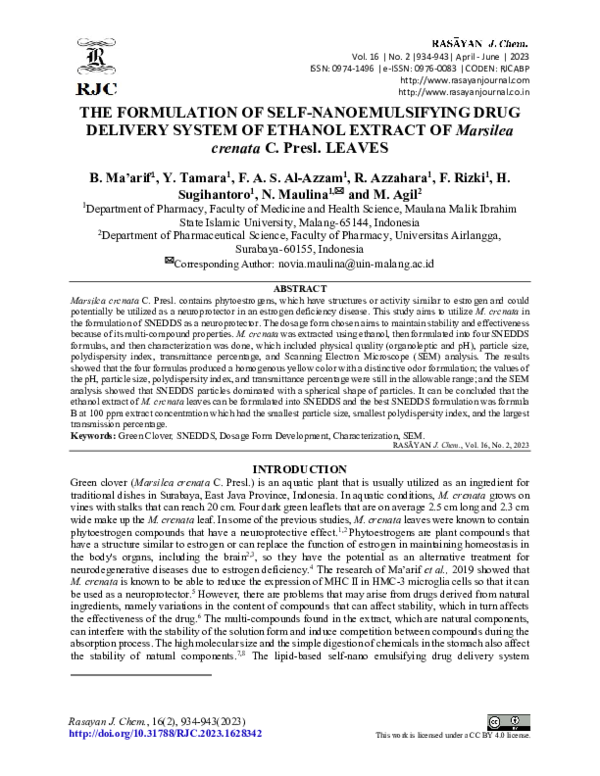 (PDF) THE FORMULATION OF SELF-NANOEMULSIFYING DRUG DELIVERY SYSTEM OF ETHANOL EXTRACT OF ...