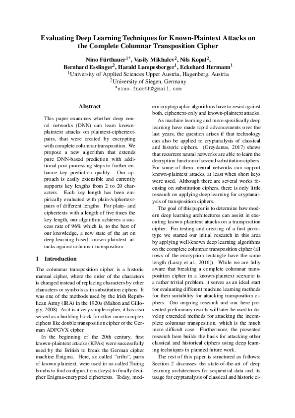 (PDF) Evaluating Deep Learning Techniques for Known-Plaintext Attacks on the Complete Columnar ...