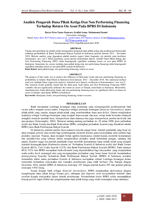 (PDF) Analisis Pengaruh Dana Pihak Ketiga Dan Non Performing Financing Terhadap Return On Asset ...