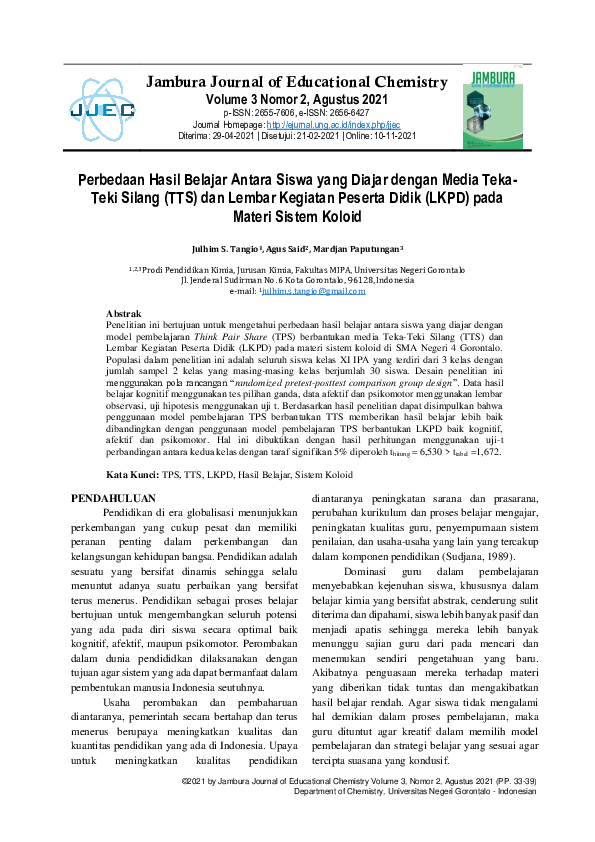(PDF) Perbedaan Hasil Belajar Antara Siswa yang Diajar dengan Media Teka-Teki Silang (TTS) dan ...