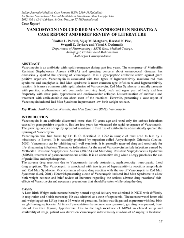(PDF) Case Report VANCOMYCIN INDUCED RED MAN SYNDROME IN NEONATE: A ...