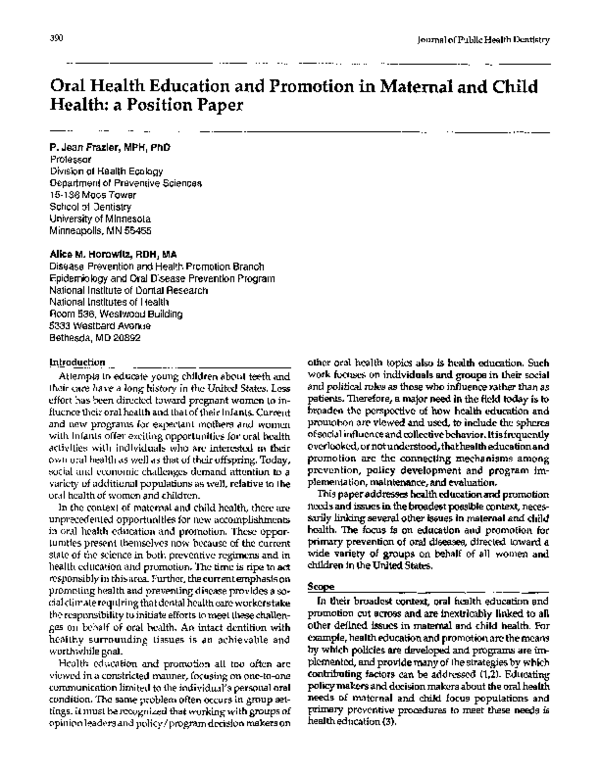 (PDF) Oral Health Education and Promotion in Maternal and Child Health ...