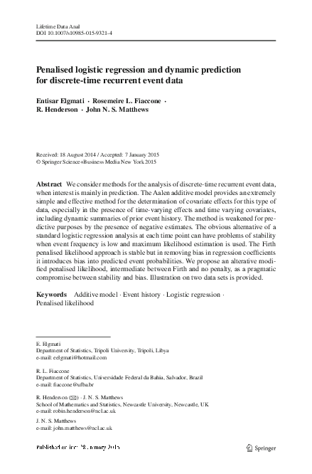 (PDF) Penalised logistic regression and dynamic prediction for discrete-time recurrent event ...