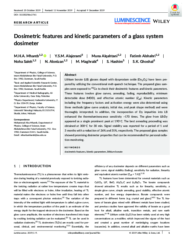 (PDF) Dosimetric features and kinetic parameters of a glass system dosimeter