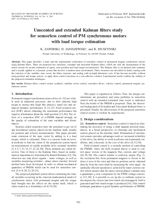 (PDF) Unscented and extended Kalman filters study for sensorless control of PM synchronous ...
