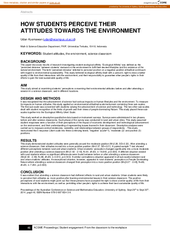 (PDF) How students perceive their attitudes towards the environment | Prof. Udan Kusmawan , M.A ...