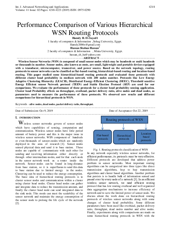 Pdf Performance Comparison Of Various Hierarchical Wsn Routing Protocols Hamdy Hassan