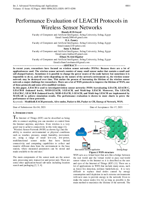 (PDF) Performance Evaluation Of LEACH Protocols In Wireless Sensor Networks | Hamdy Hassan ...