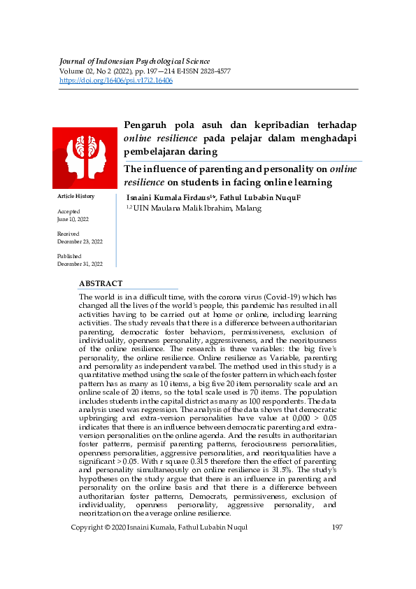 (PDF) Pengaruh pola asuh dan kepribadian terhadap online resilience pada pelajar dalam ...