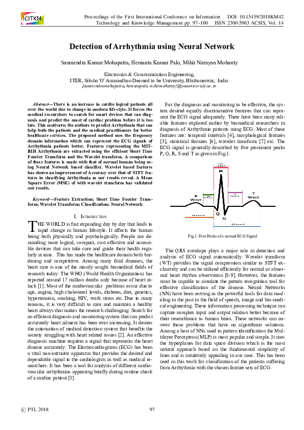(PDF) Detection of Arrhythmia using Neural Network