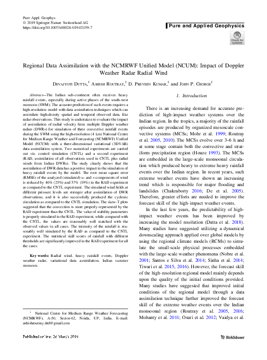 (PDF) Regional Data Assimilation with the NCMRWF Unified Model (NCUM): Impact of Doppler Weather ...