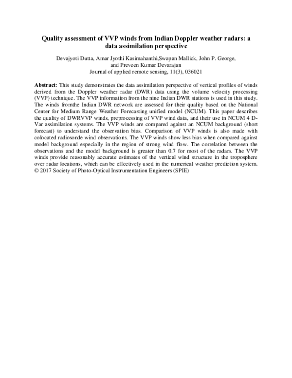 (PDF) Quality assessment of VVP winds from Indian Doppler weather ...