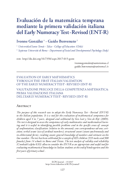 (PDF) Evaluación de la matemática temprana mediante la primera validación italiana del Early ...