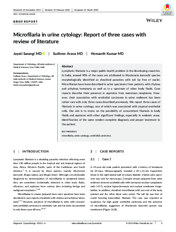 (PDF) Microfilaria in urine cytology: Report of three cases with review ...