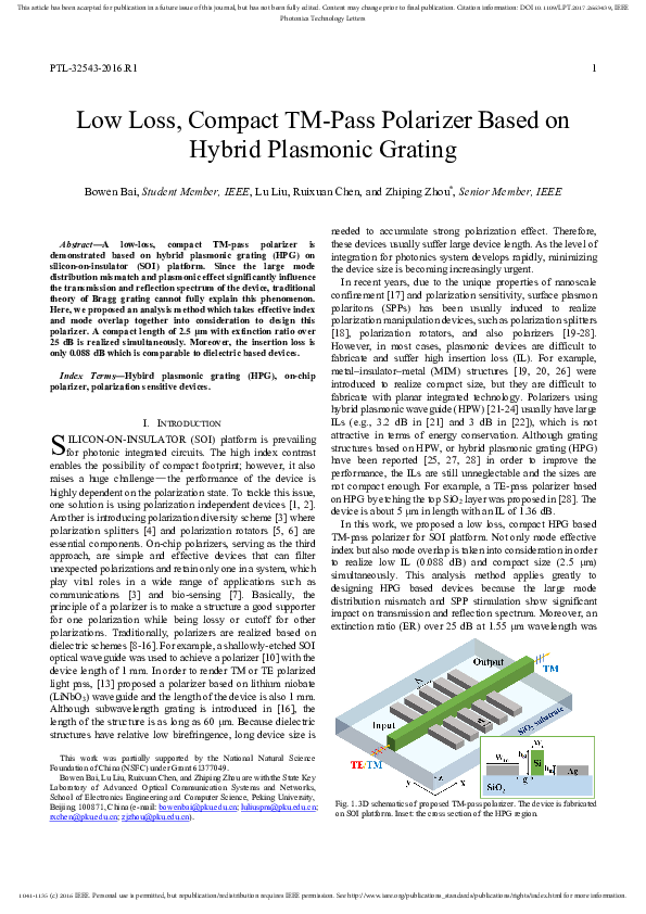 (PDF) Low Loss, Compact TM-Pass Polarizer Based on Hybrid Plasmonic Grating | Ruixuan Chen ...