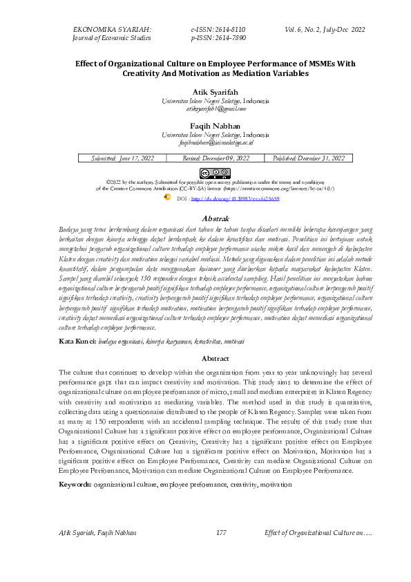 (PDF) Effect of Organizational Culture on Employee Performance of MSMEs With Creativity And ...