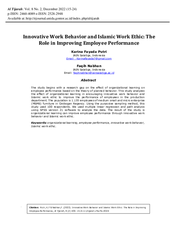 (PDF) Innovative Work Behavior and Islamic Work Ethic: The Role in ...