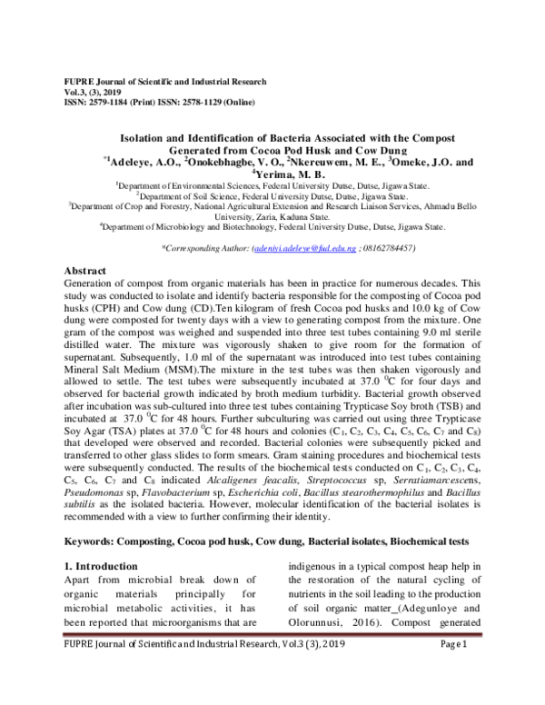 (PDF) Isolation and Identification of Bacteria Associated with the Compost Generated from Cocoa ...