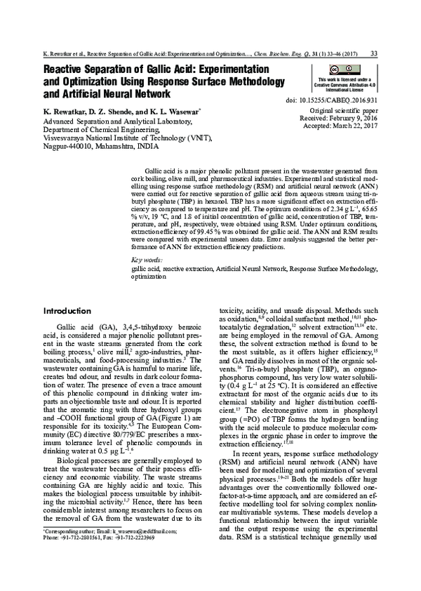 (PDF) Reactive Separation of Gallic Acid: Experimentation and Optimization Using Response ...