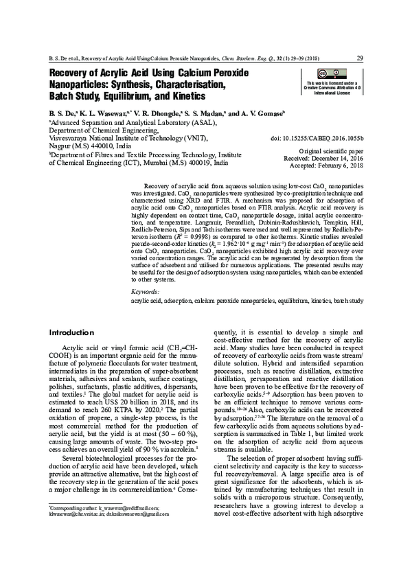 (PDF) Recovery of Acrylic Acid Using Calcium Peroxide Nanoparticles ...