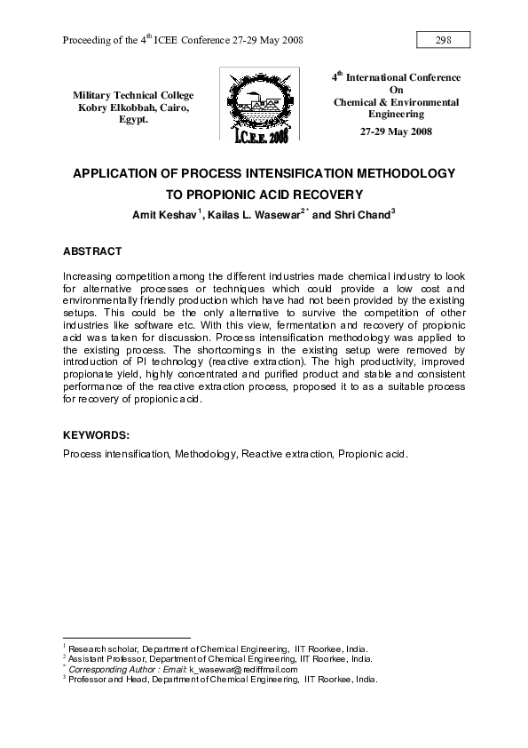 (PDF) Application of Process Intensification Methodology to Propionic ...
