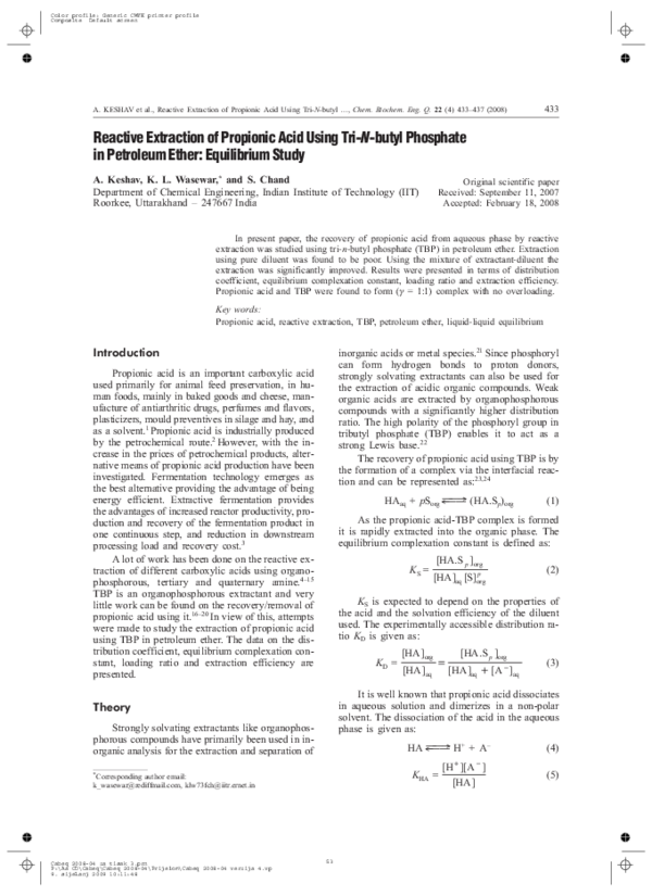 (PDF) REACTIVE EXTRACTION OF PROPIONIC ACID USING TRI-n-OCTYLAMINE
