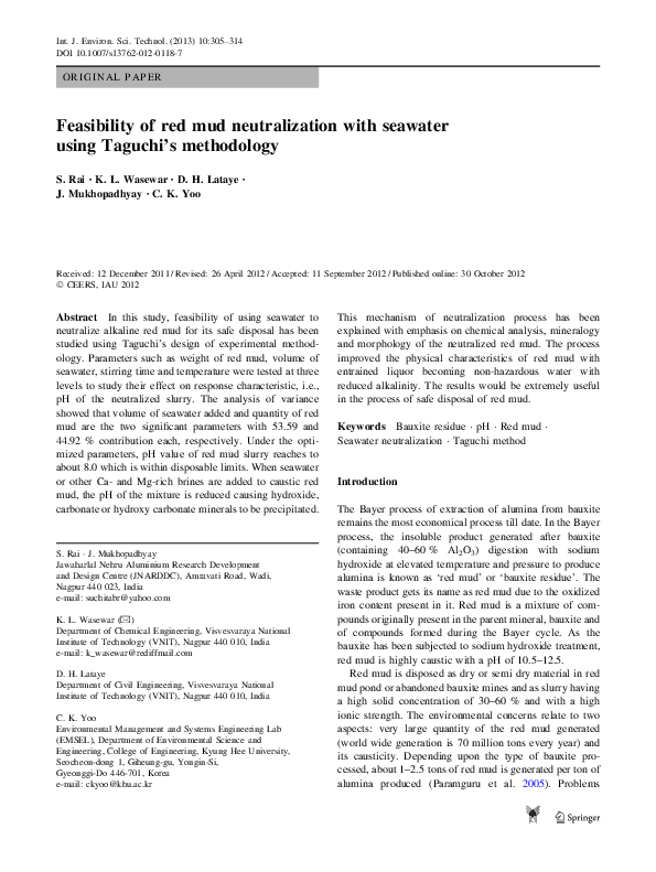 (PDF) Feasibility of red mud neutralization with seawater using Taguchi ...