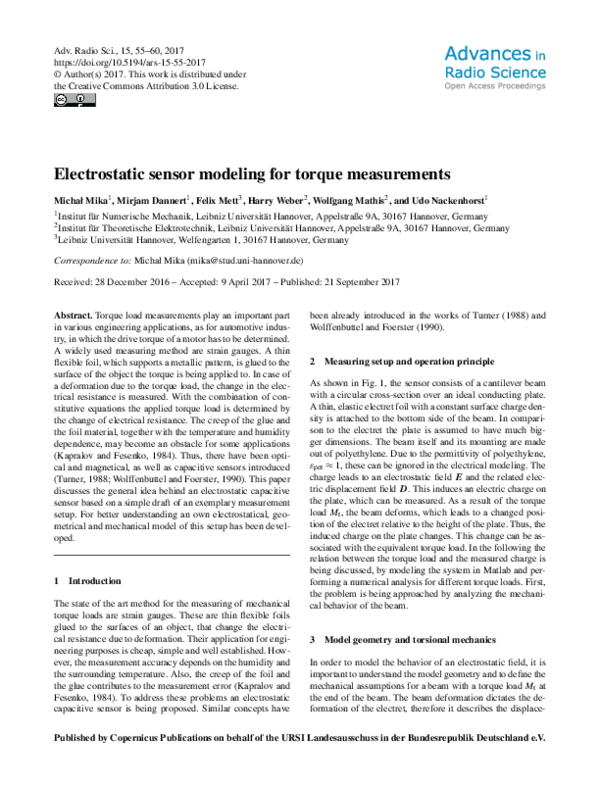 Pdf Electrostatic Sensor Modeling For Torque Measurements Wolfgang