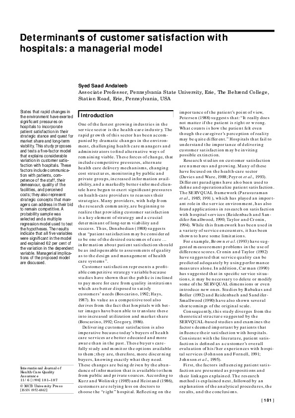 (PDF) Determinants of customer satisfaction with hospitals: a ...