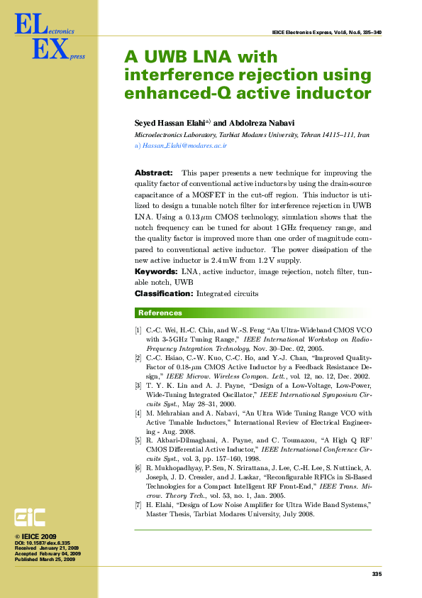 (PDF) A UWB LNA with interference rejection using enhanced-Q active inductor