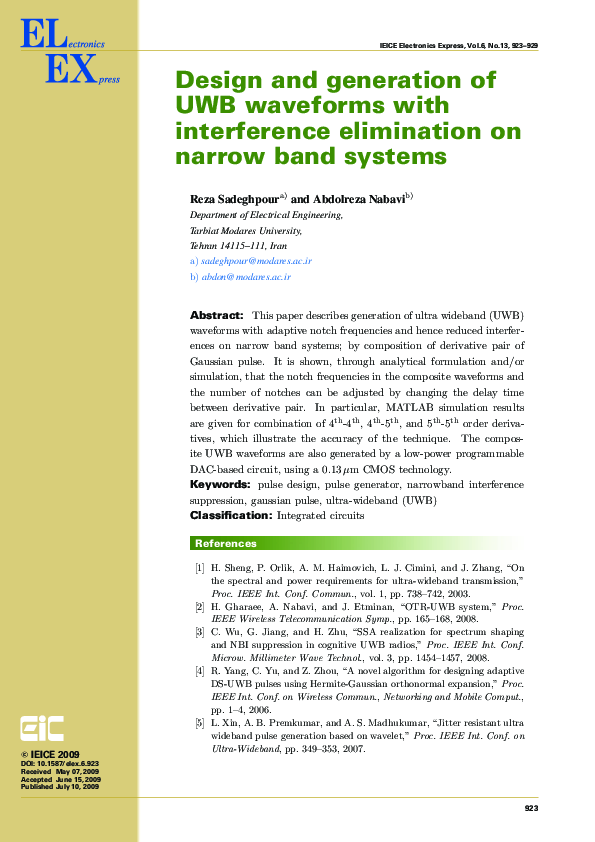 (PDF) Design and generation of UWB waveforms with interference elimination on narrow band systems