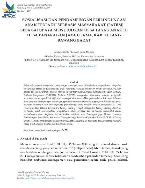 (PDF) Sosialisasi dan Pendampingan Perlindungan Anak Terpadu Berbasis ...