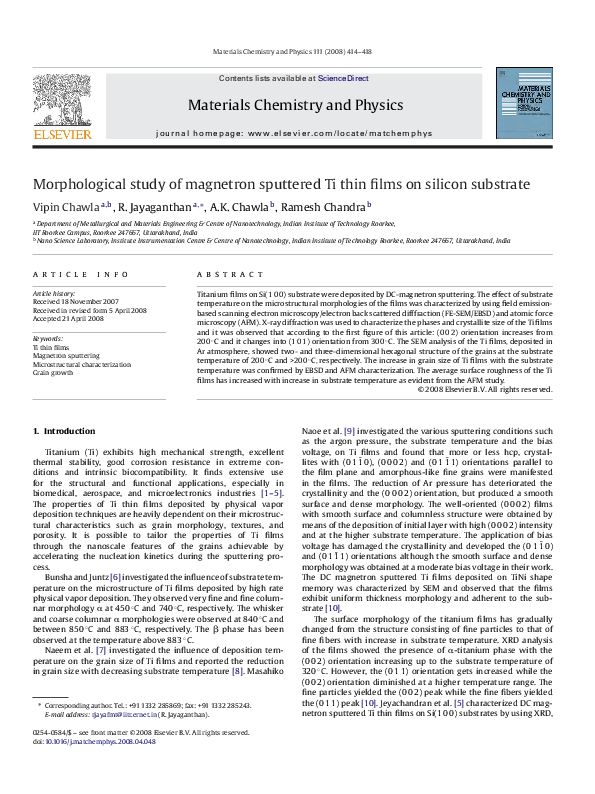 (PDF) Morphological study of magnetron sputtered Ti thin films on silicon substrate | Ramesh ...