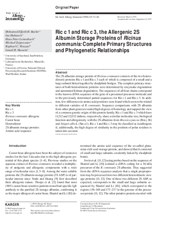 (PDF) Ric c 1 and Ric c 3, the Allergenic 2S Albumin Storage Proteins ...