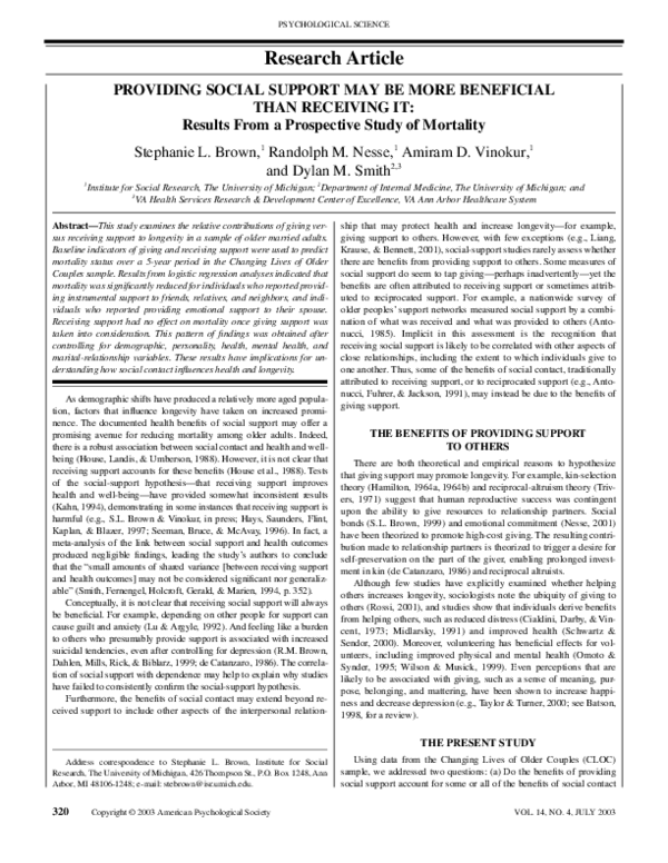 (PDF) Providing Social Support May Be More Beneficial Than Receiving It