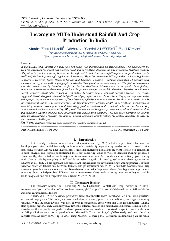 (PDF) Leveraging Ml To Understand Rainfall And Crop Production In India