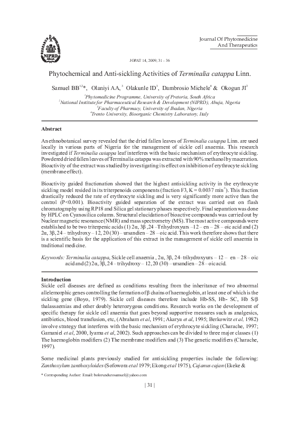 (PDF) Phytochemical and Anti-sickling Activities of Terminalia catappa Linn