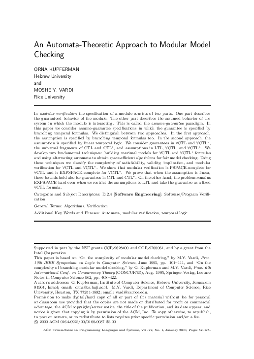 (PDF) An automata-theoretic approach to modular model checking