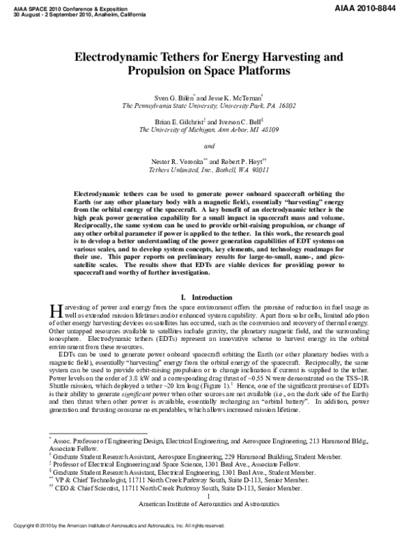(PDF) Electrodynamic Tethers for Energy Harvesting and Propulsion on Space Platforms