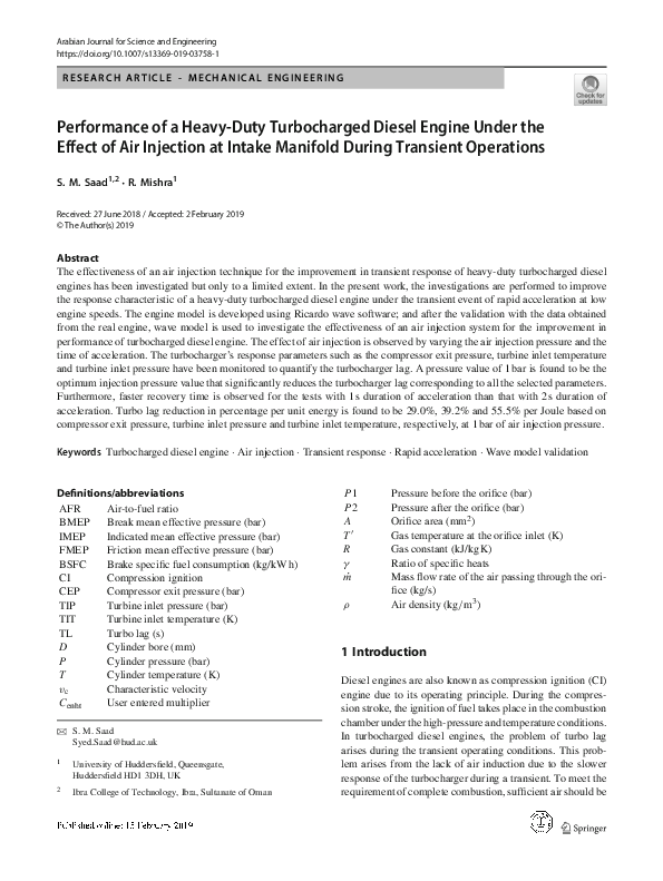 (PDF) Performance of a Heavy-Duty Turbocharged Diesel Engine Under the ...