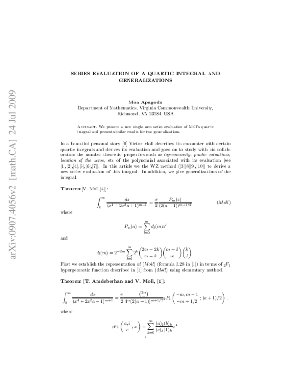 (PDF) Series Evaluation of a Quartic Integral and Generalizations
